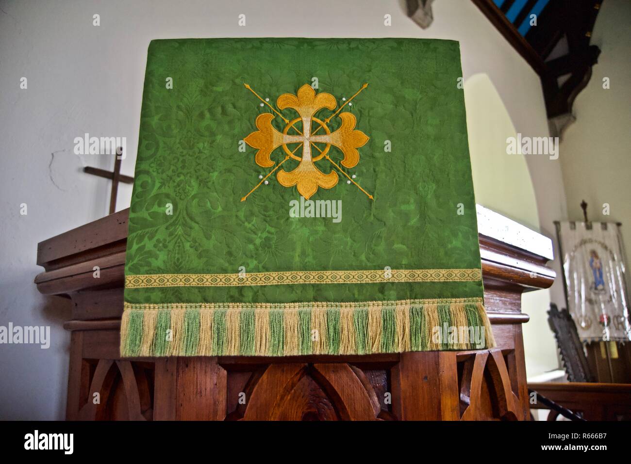 Church pulpit with embroidered cloth in Penmon Priory St Seiriol's ...