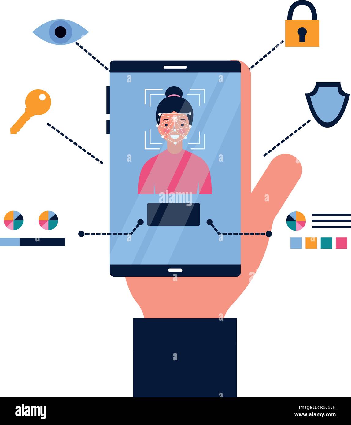 hand with cellphone face scan biometric technology vector illustration ...