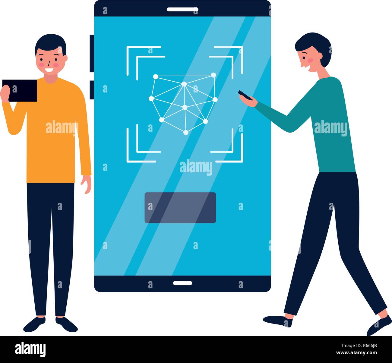 two men with mobile face scan digital vector illustration Stock Vector ...