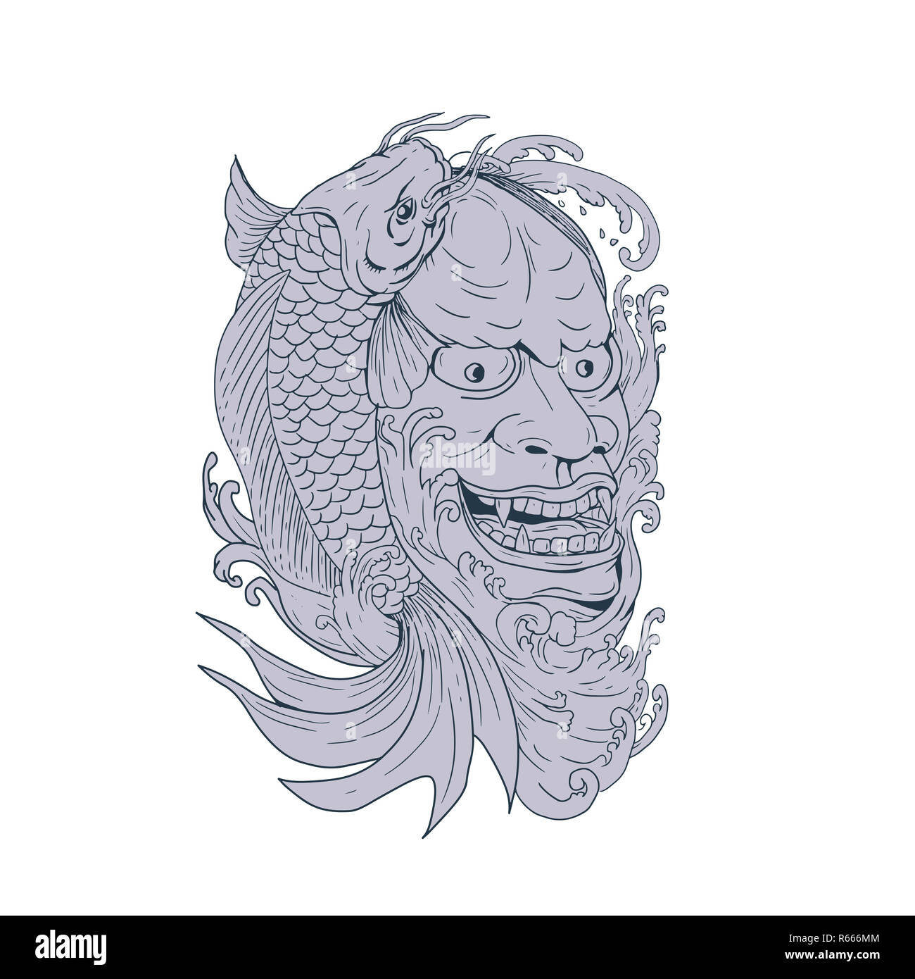 Hannya Mask and Koi Fish Drawing Stock Photo - Alamy