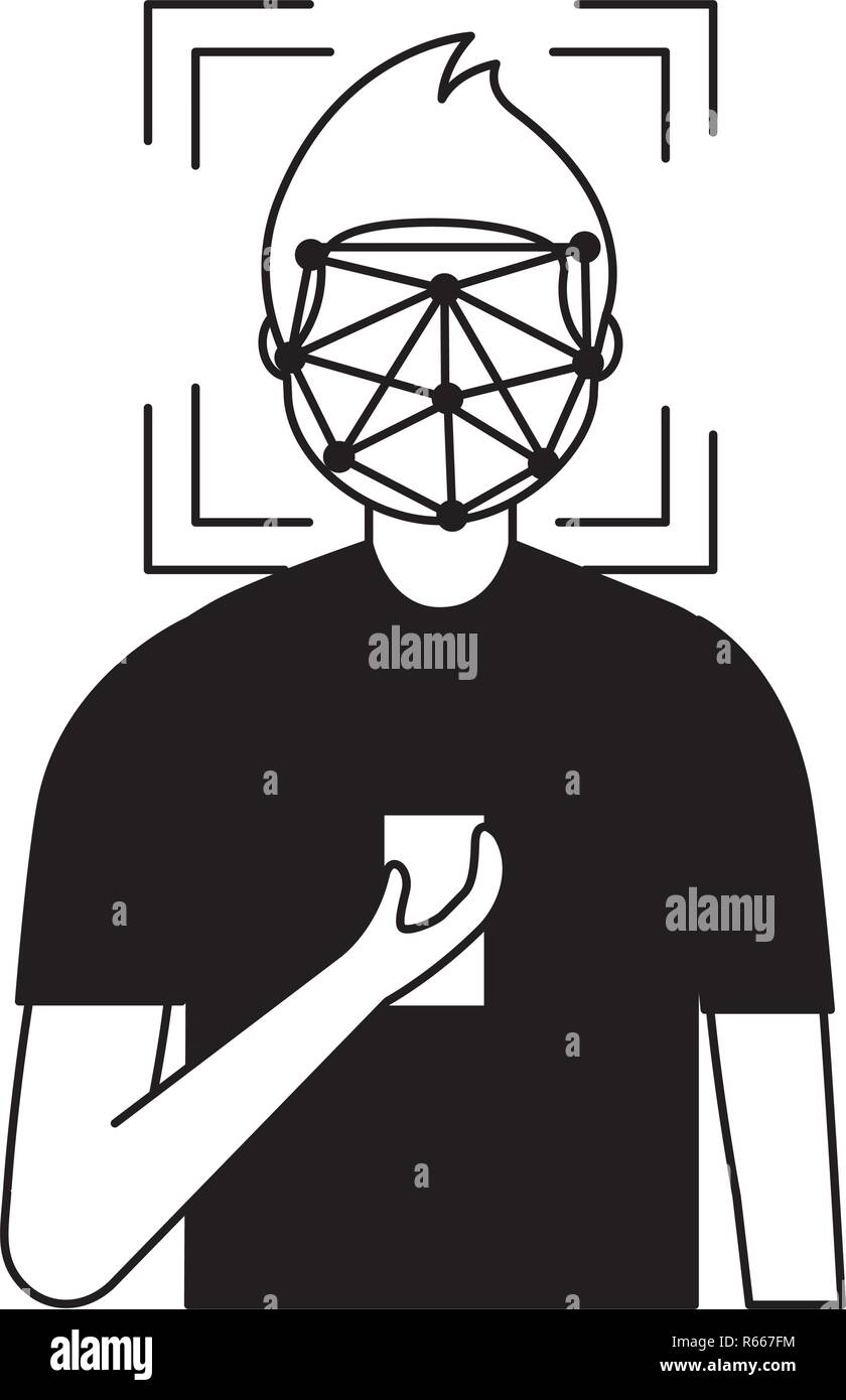 man mobile face scan recognition security approved vector illustration ...