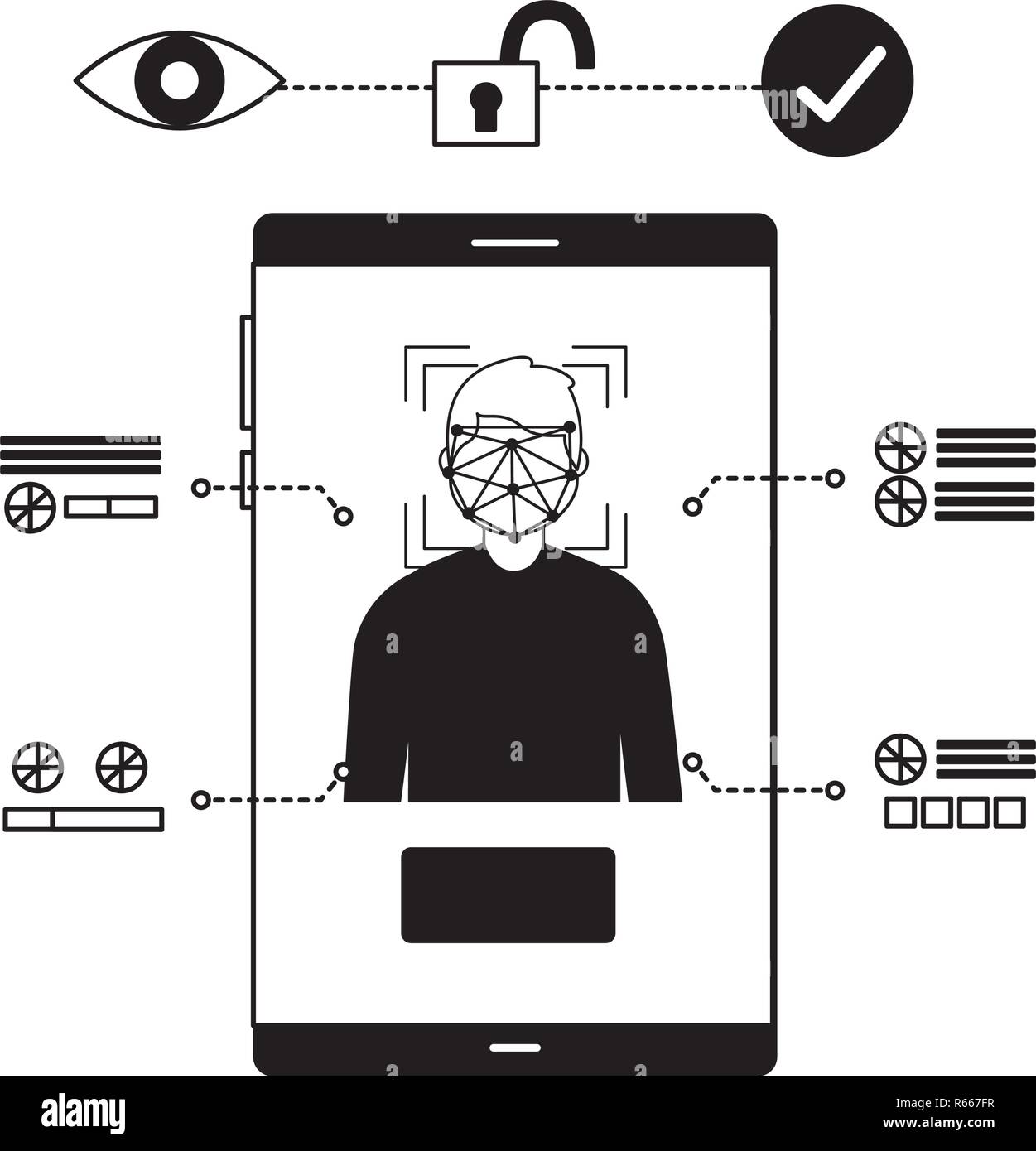 Man Mobile Face Scan Recognition Security Approved Vector Illustration