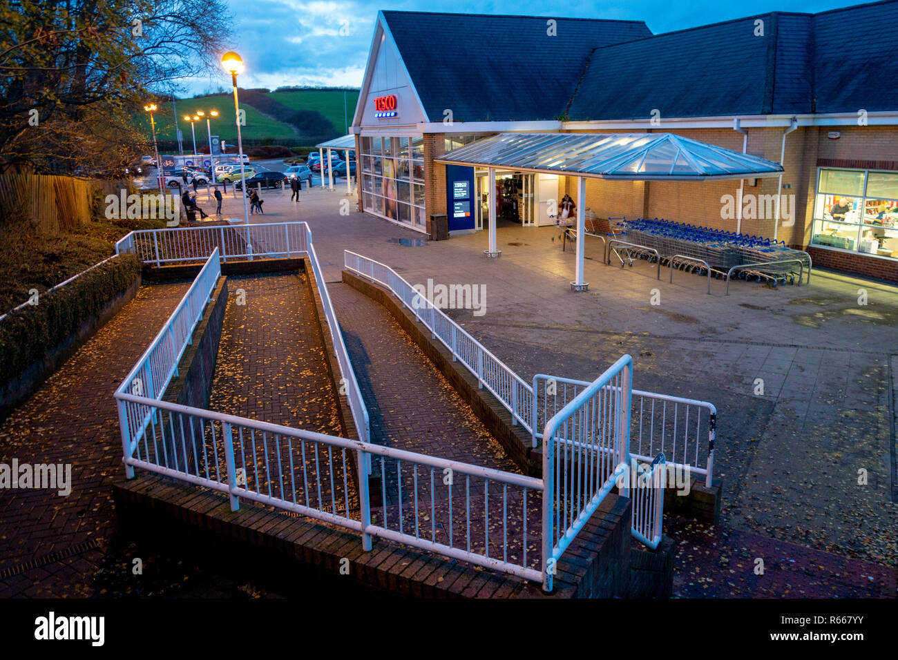 Dusk image of Wheelchair ramps at Tesco Supermarket at Dinnington ...