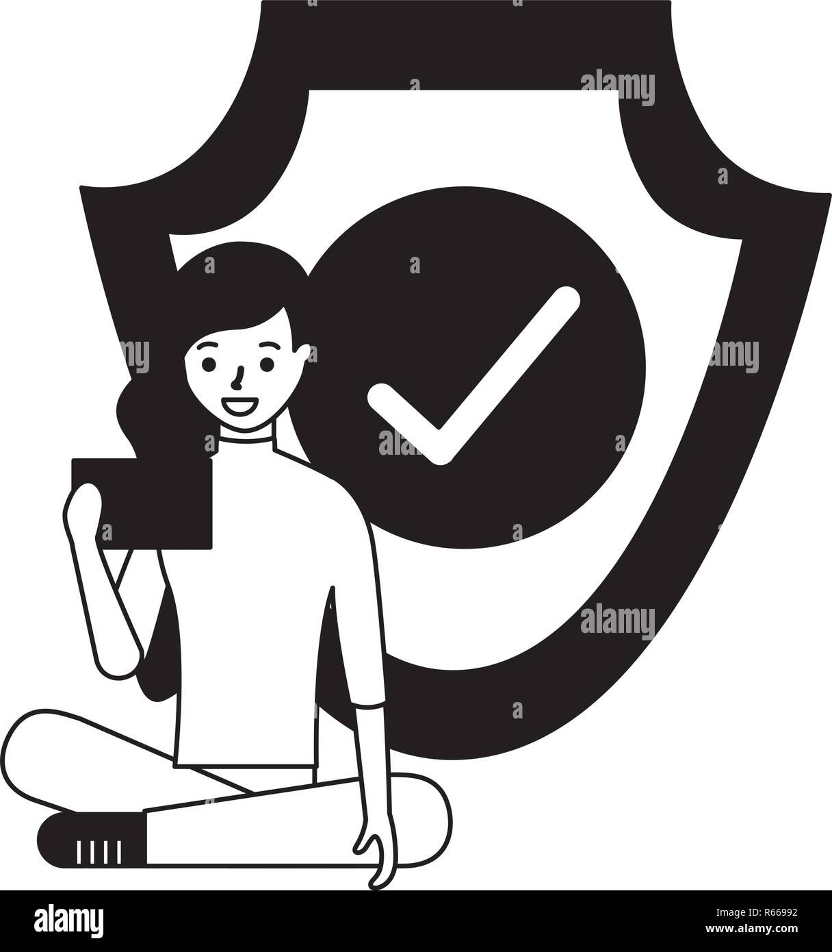 woman with cellphone and shield protection approved Stock Vector Image ...