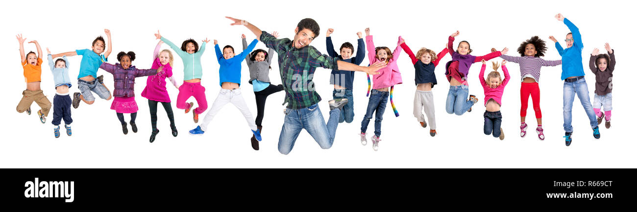 Teacher and kids jumping isolated Stock Photo - Alamy