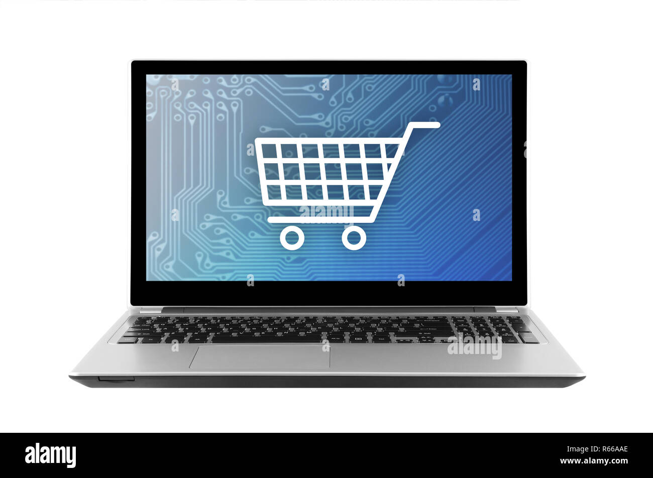 Shopping cart graphic on laptop isolated on white background with ...