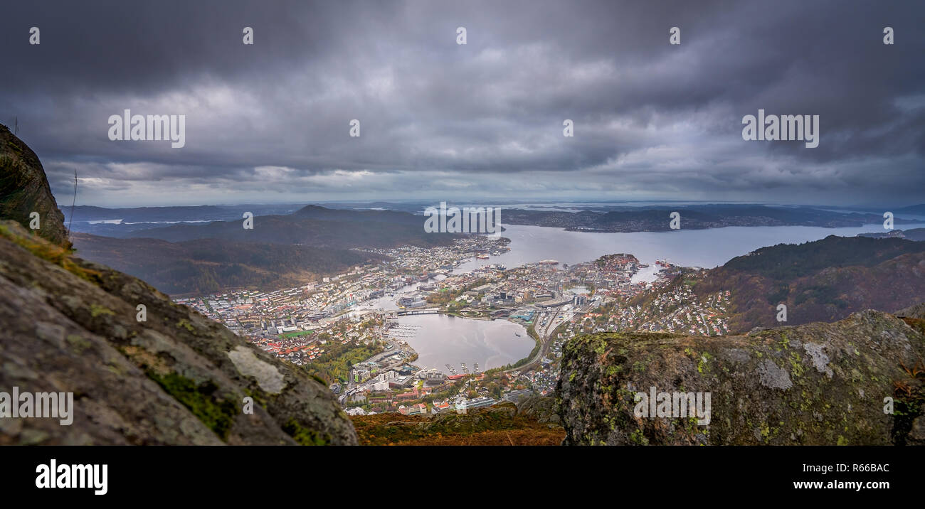 Panoramic view of Bergen town as seen from the top of Mount Ulriken ...