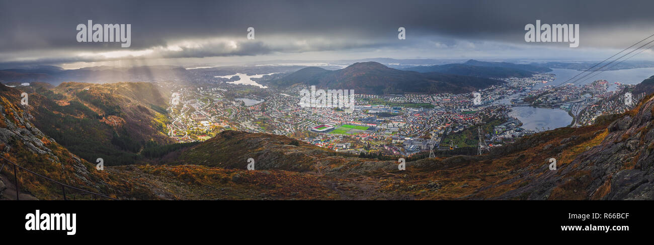 Panoramic view of Bergen town as seen from the top of Mount Ulriken ...