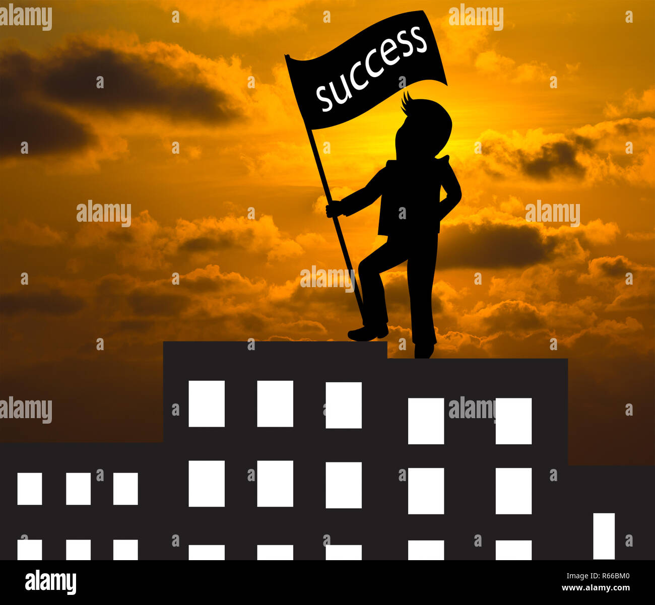 Concept skyline ,Man with success flag standing on the top of building ...