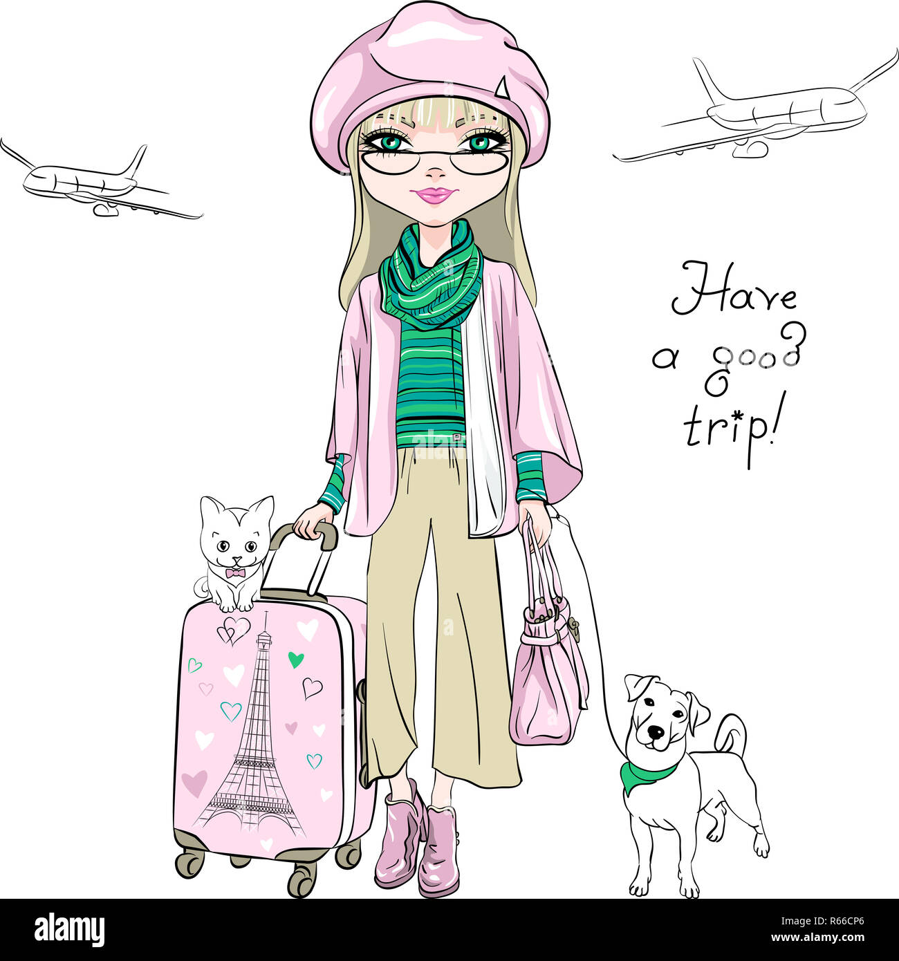 Vector beautiful fashion girl travels the world Stock Photo - Alamy