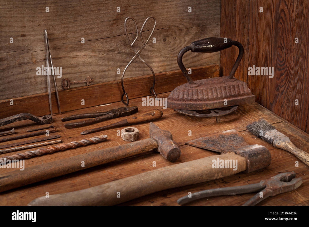 Collection of vintage tools on a blue wooden background Stock Photo - Alamy