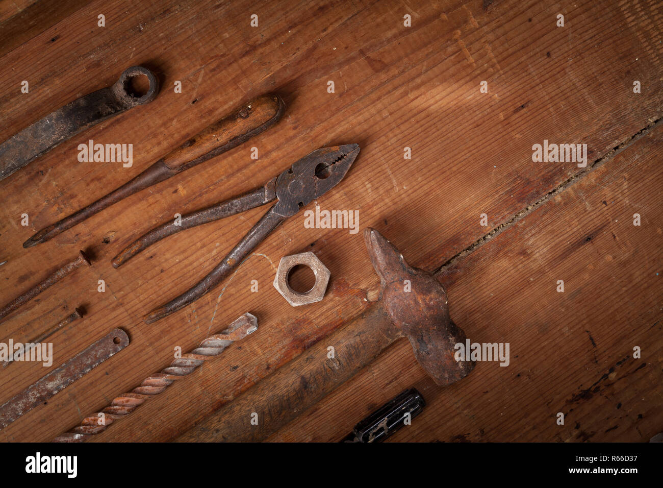 Collection of vintage tools on wooden background Stock Photo - Alamy