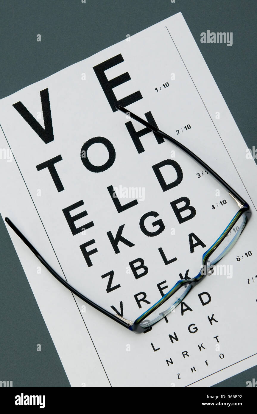 a pair of glasses on a Distance Vision Test sheet Stock Photo - Alamy