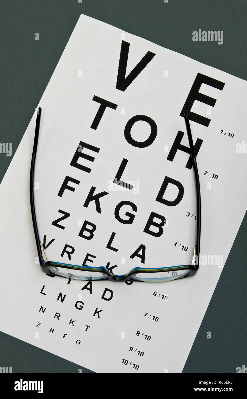 A Pair Of Glasses On A Distance Vision Test Sheet Stock Photo Alamy