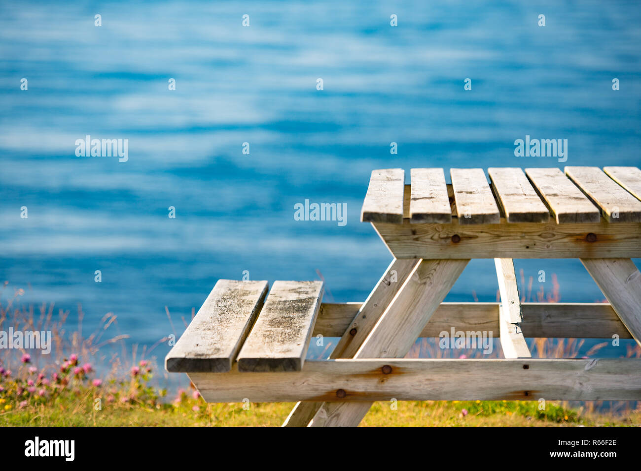 Bench and table on shore in Norway, Europe Stock Photo - Alamy