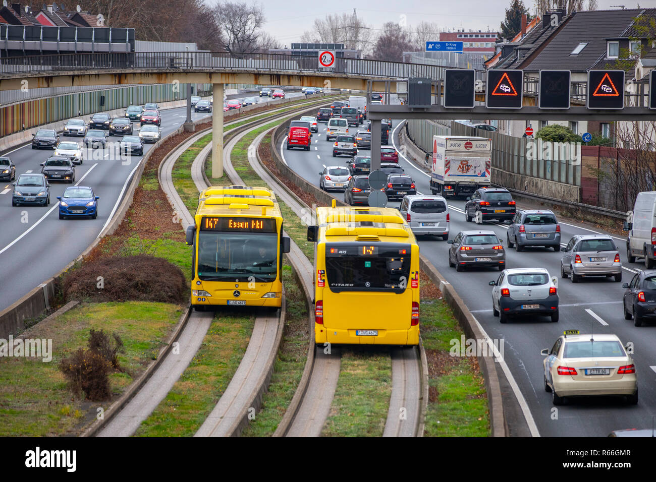 Highway, Autobahn A40, traffic in Essen, Germany, bus lane, this area ...
