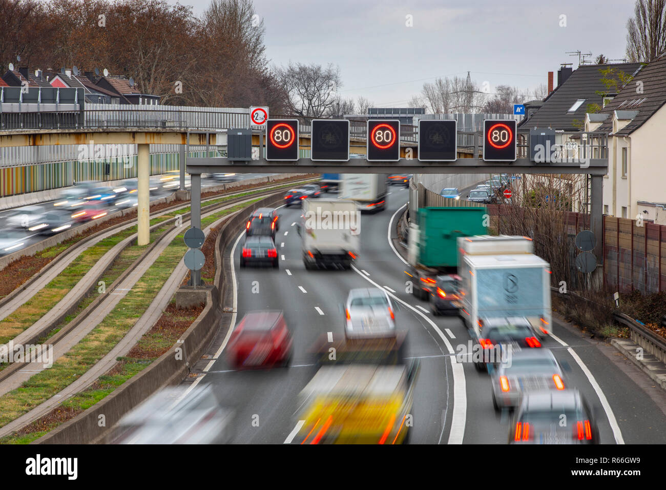 Highway, Autobahn A40, traffic in Essen, Germany, bus lane, this area ...