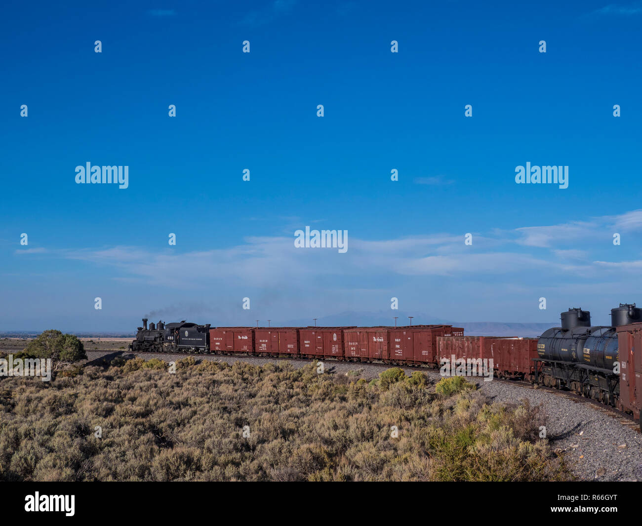 Locomotive 453 steam-engine freight train eastbound on the tracks of ...