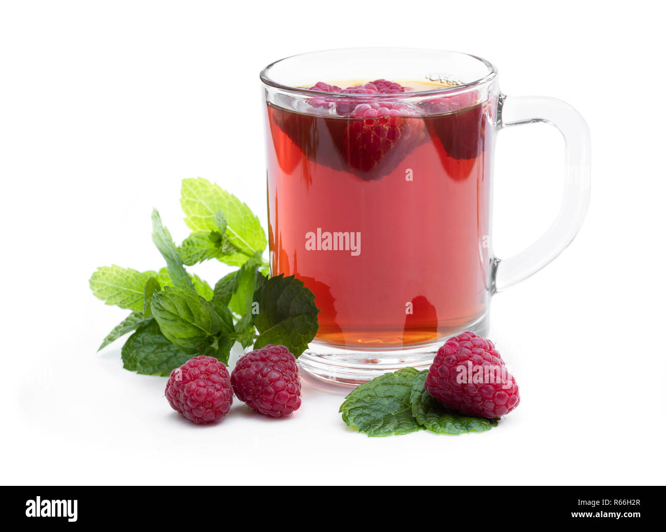 Red fruit tea with raspberry and mint isolated on white background ...