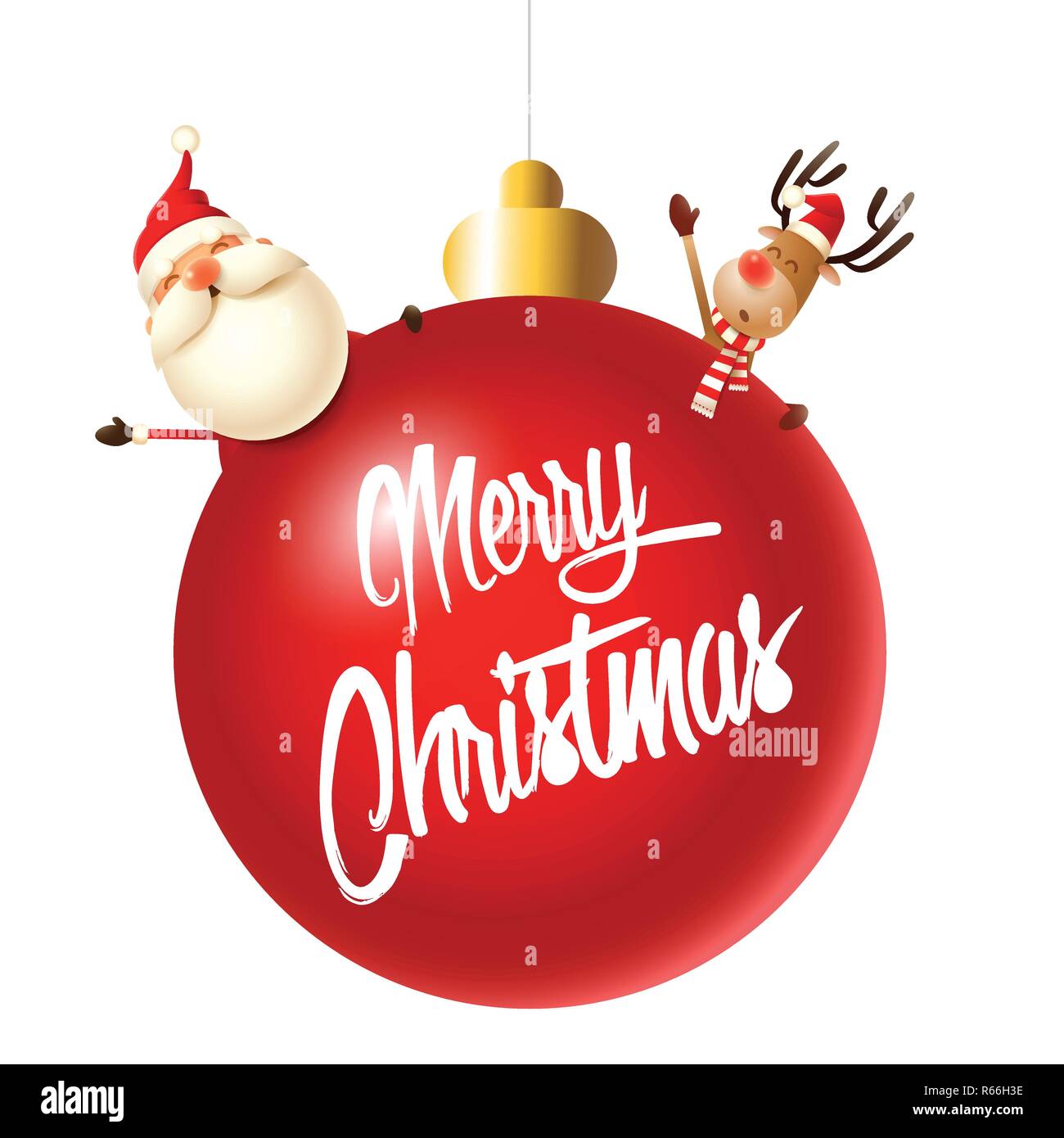 Santa Claus and Reindeer wishing you Merry Christmas behind red ...