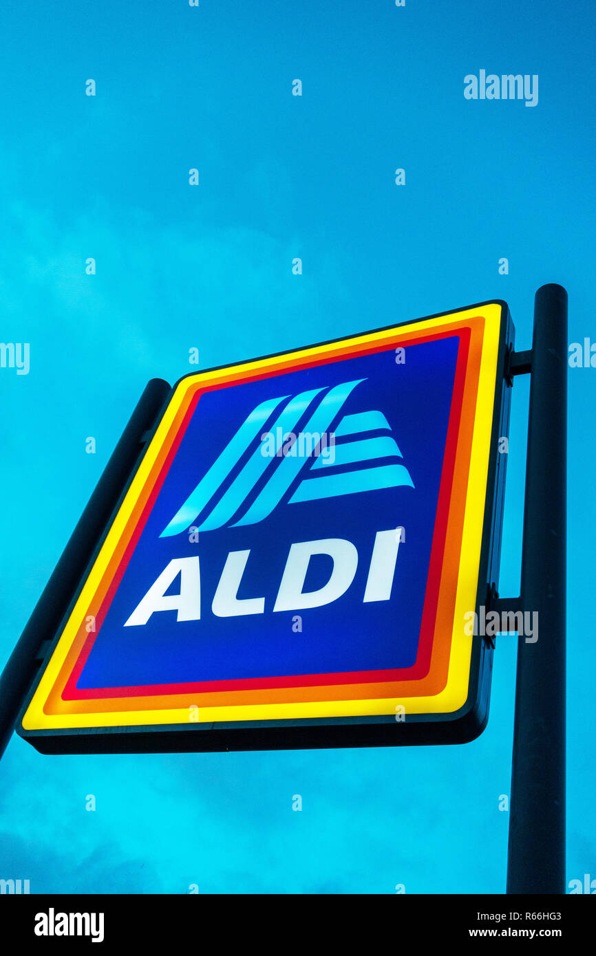 illuminated Aldi Sign at dusk in Dinnington, Rotherham UK Stock Photo ...