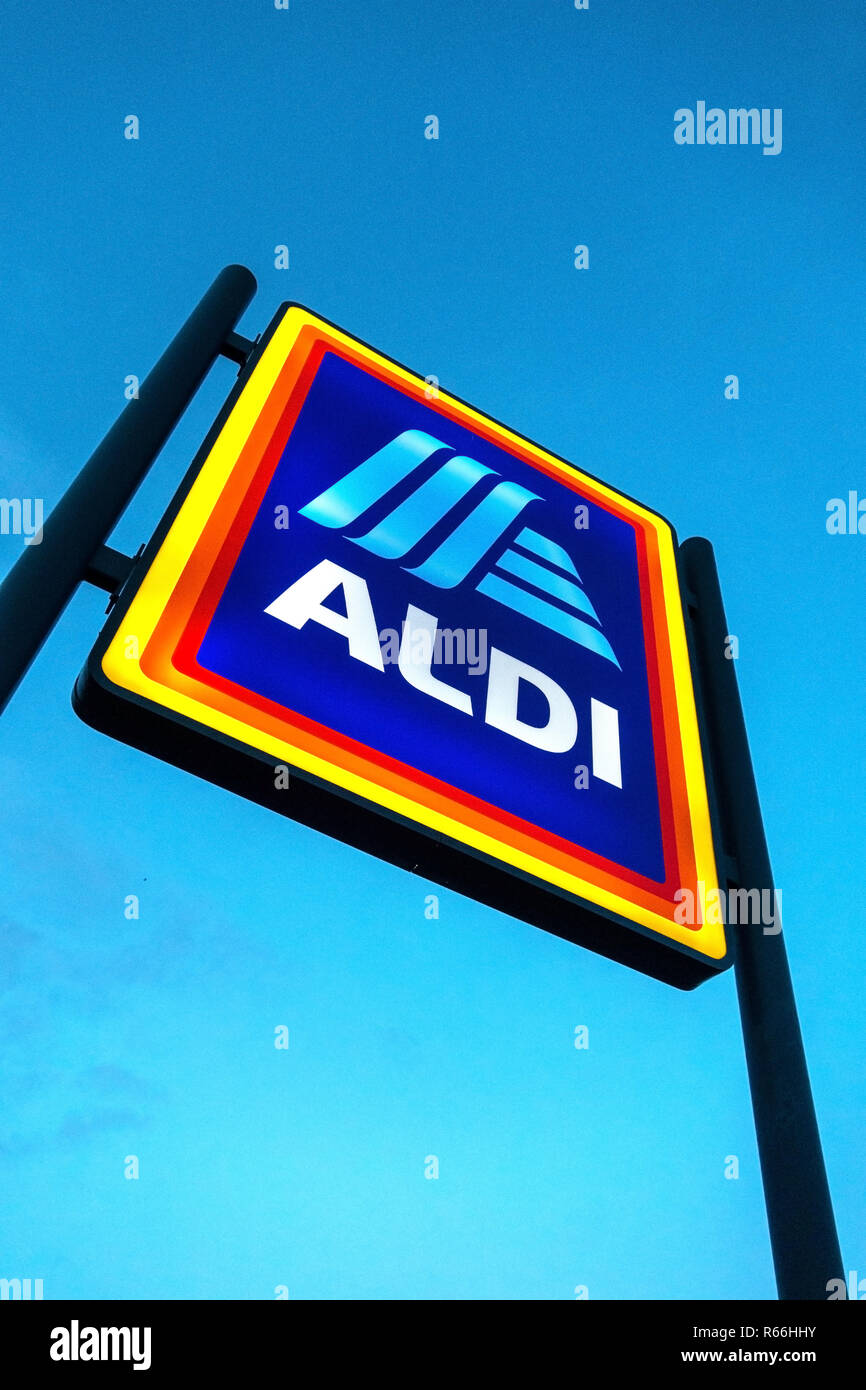 illuminated Aldi Sign at dusk in Dinnington, Rotherham UK Stock Photo ...