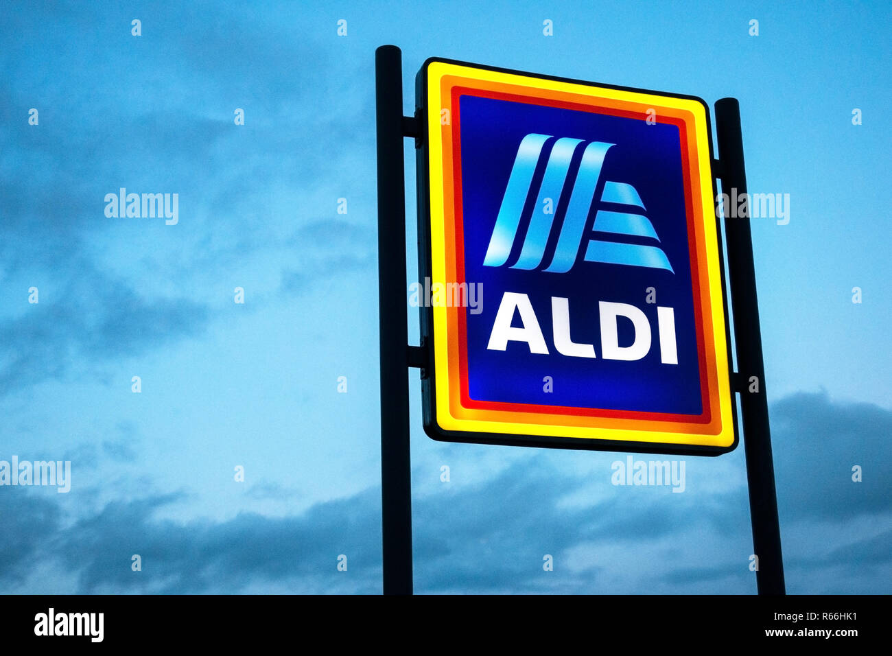 illuminated Aldi Sign at dusk in Dinnington, Rotherham UK Stock Photo ...