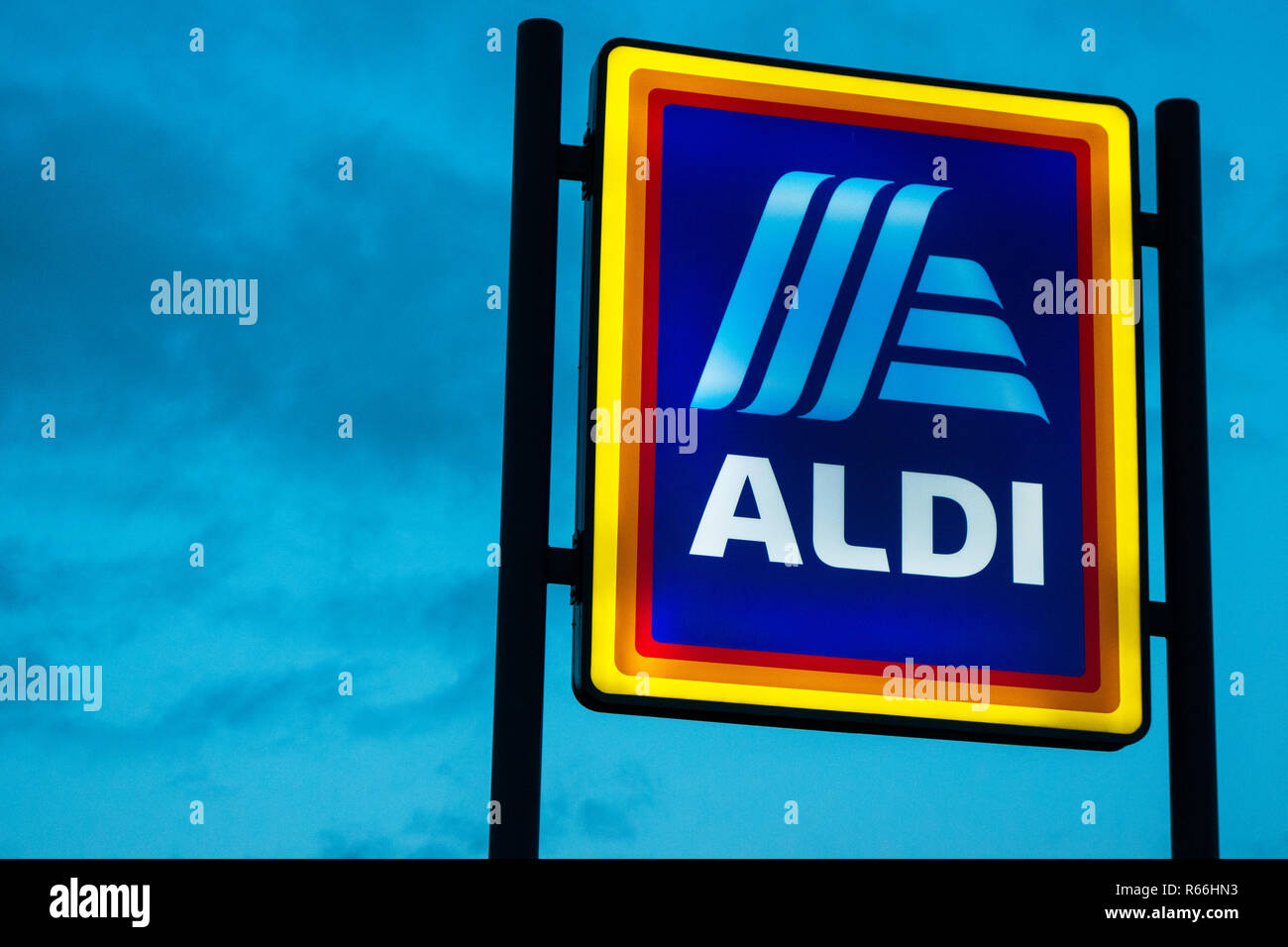 illuminated Aldi Sign at dusk in Dinnington, Rotherham UK Stock Photo ...