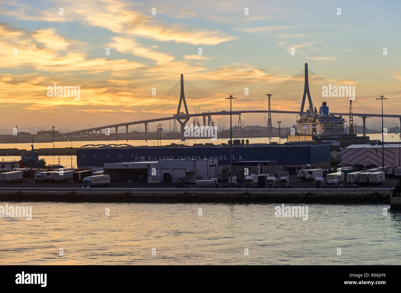 Cadiz, Spain - November 2, 2018: Bay of Cadiz with the commercial port ...