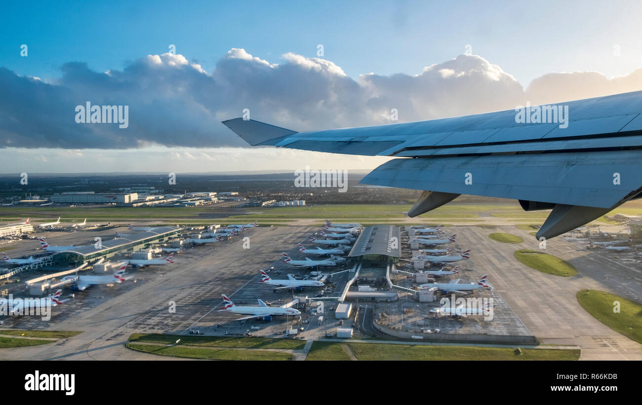 London Heathrow Airport, Terminal 5, aerial view from plane taking off ...