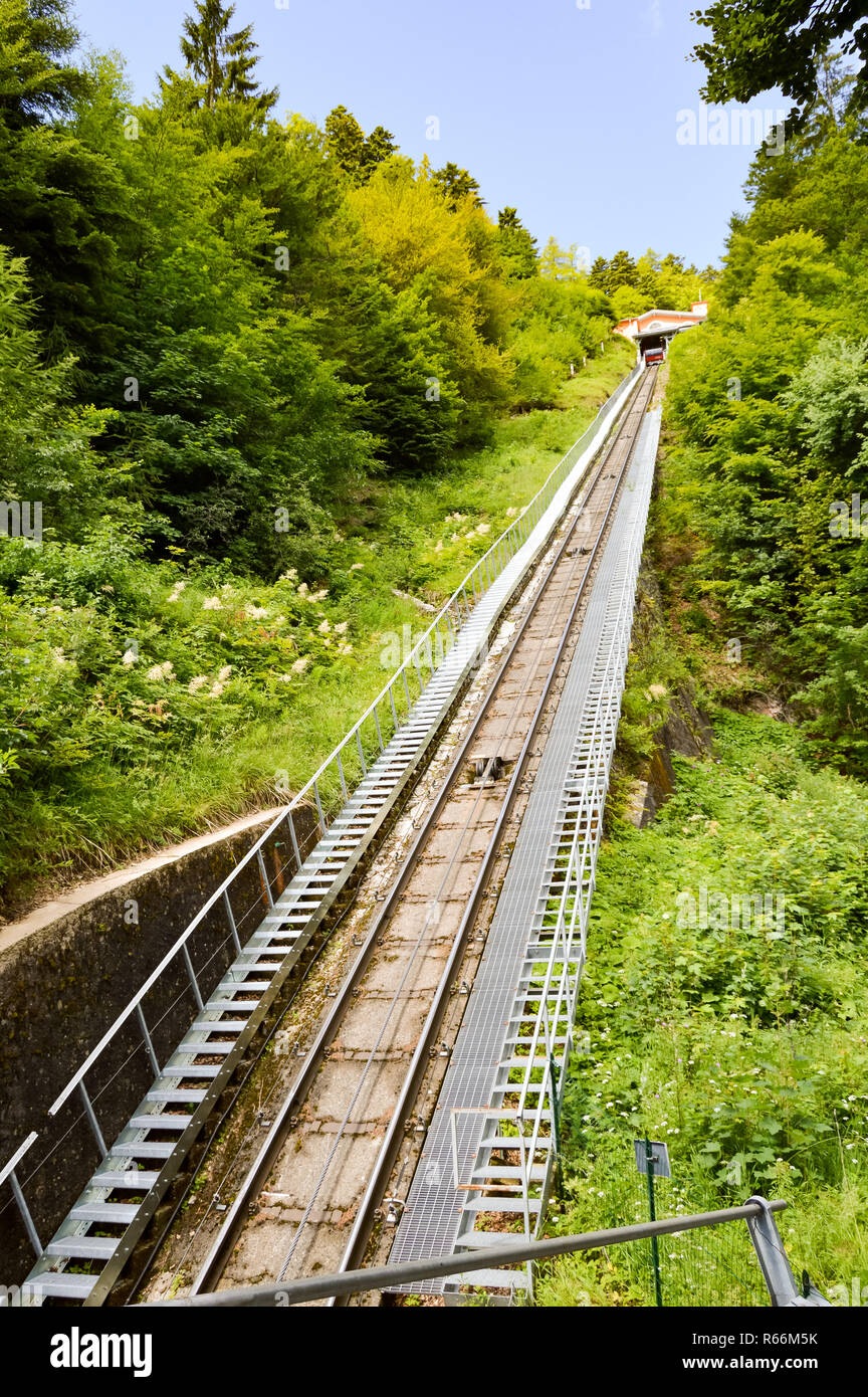 View of the rails of a funicular in the mountains of northern Italy ...