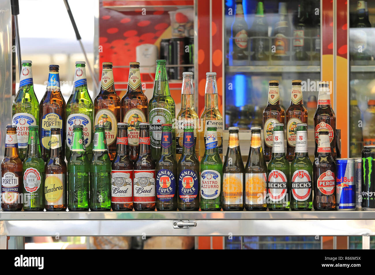 ROME, ITALY - JUNE 29: Beer selection in Rome on JUNE 29, 2014. Lager ...