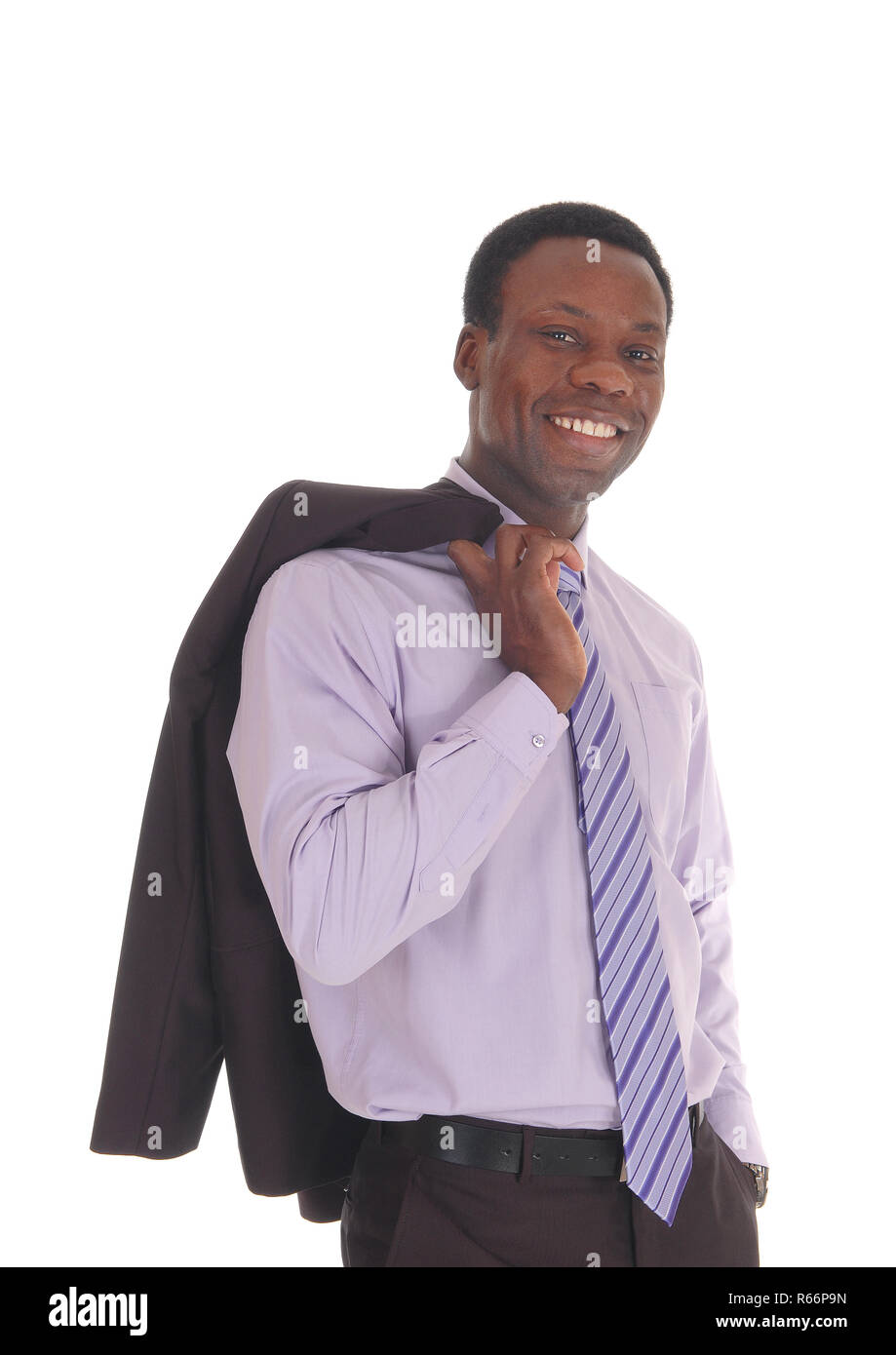 African man smiling with jacket over shoulder Stock Photo - Alamy