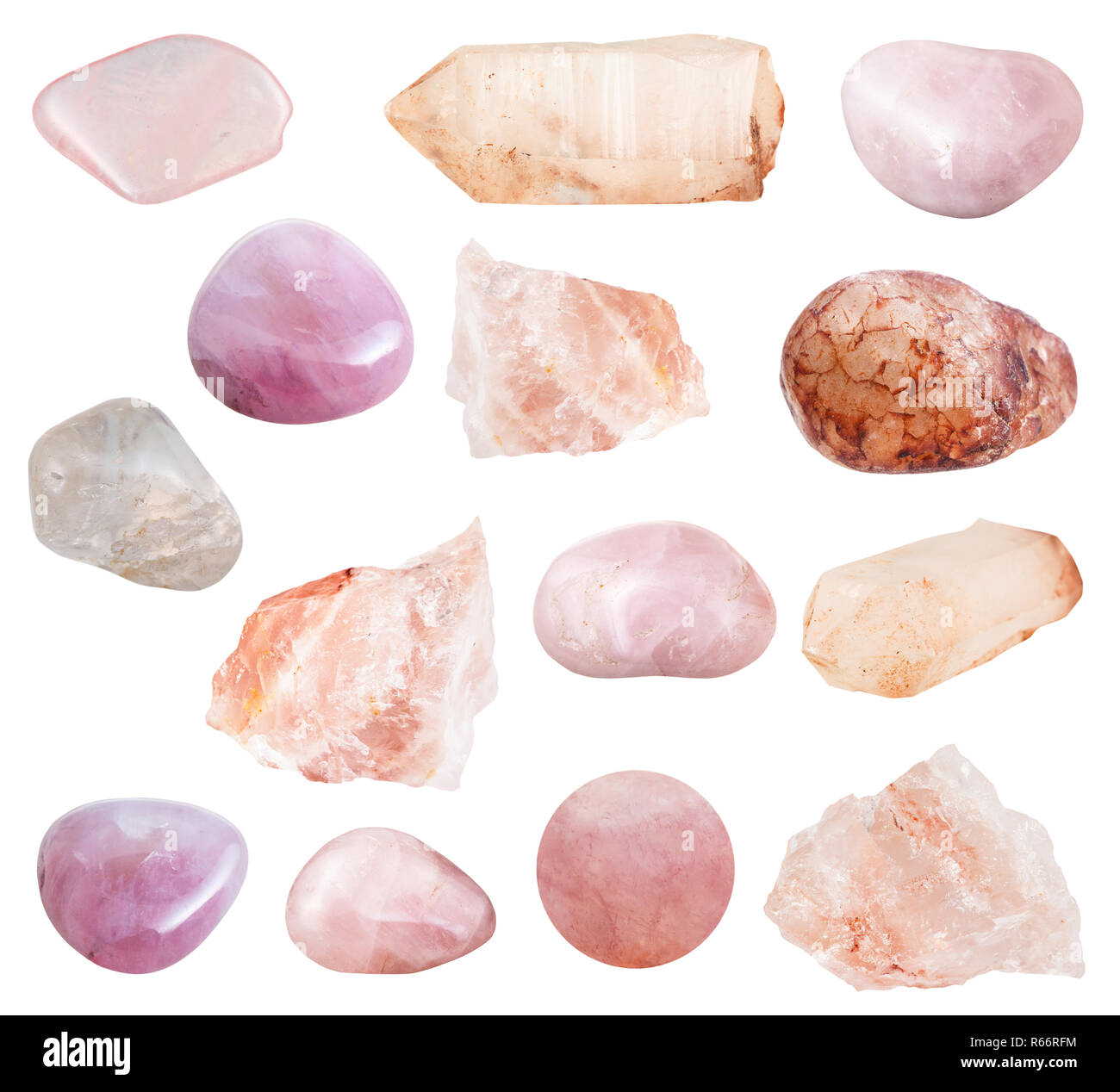 various Rose Quartz gemstones isolated Stock Photo - Alamy