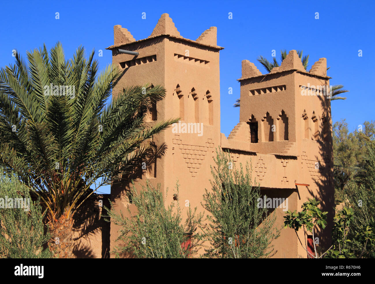 Morocco, Ouarzazate, Skoura, Typical kasbah towers decorated with ...