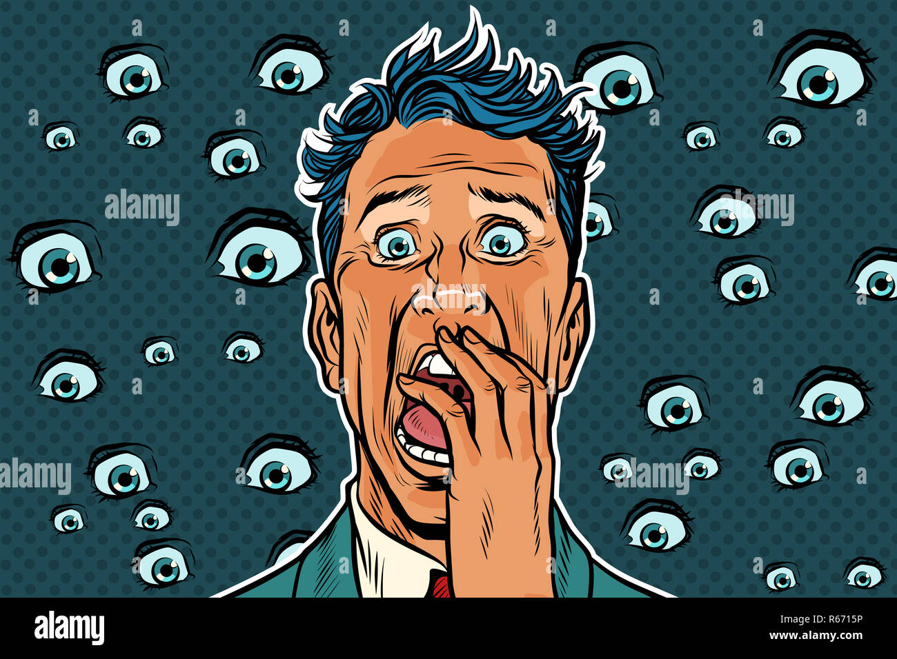 Horrible background with eyes and a frightened man Stock Photo - Alamy