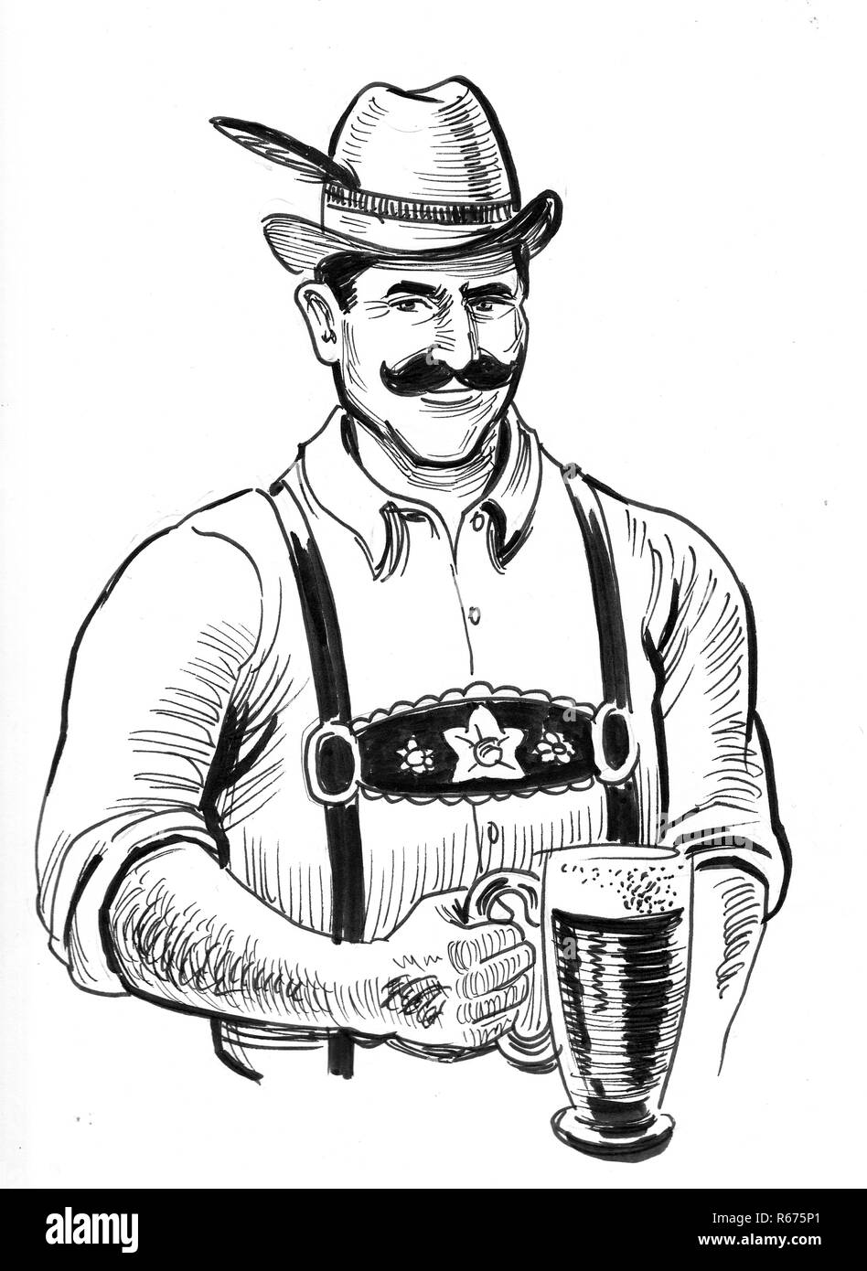 German man with a beer mug. Ink black and white illustration Stock ...