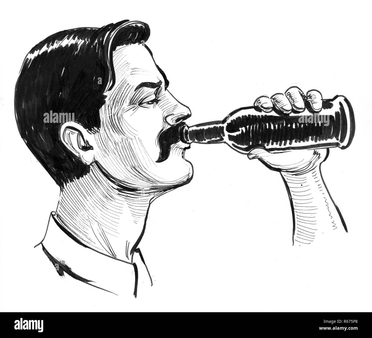 Gentleman with a mustache drinking beer from the bottle. Ink black and ...