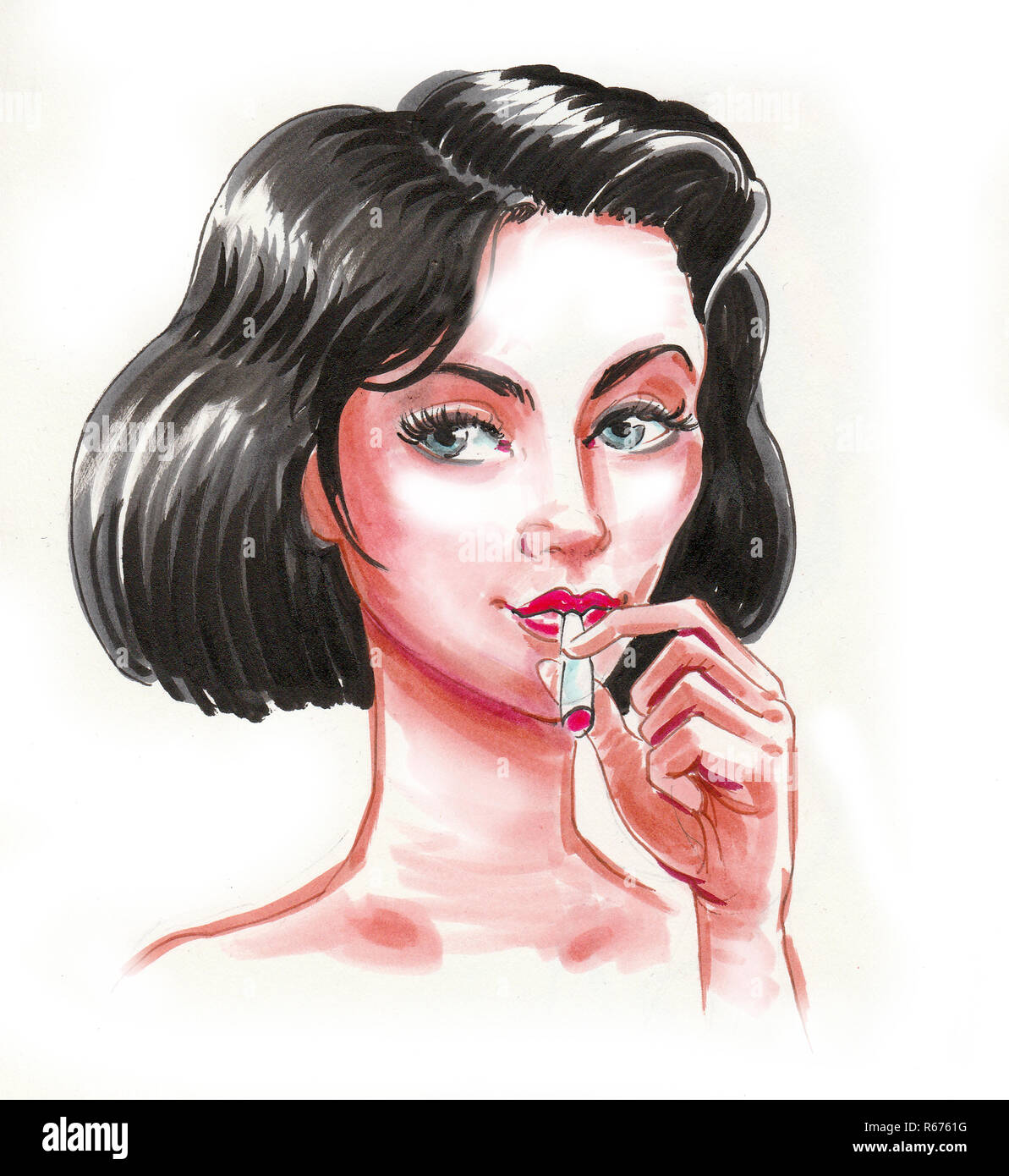 Pretty brunette woman smoking marijuana joint. Ink and watercolor ...