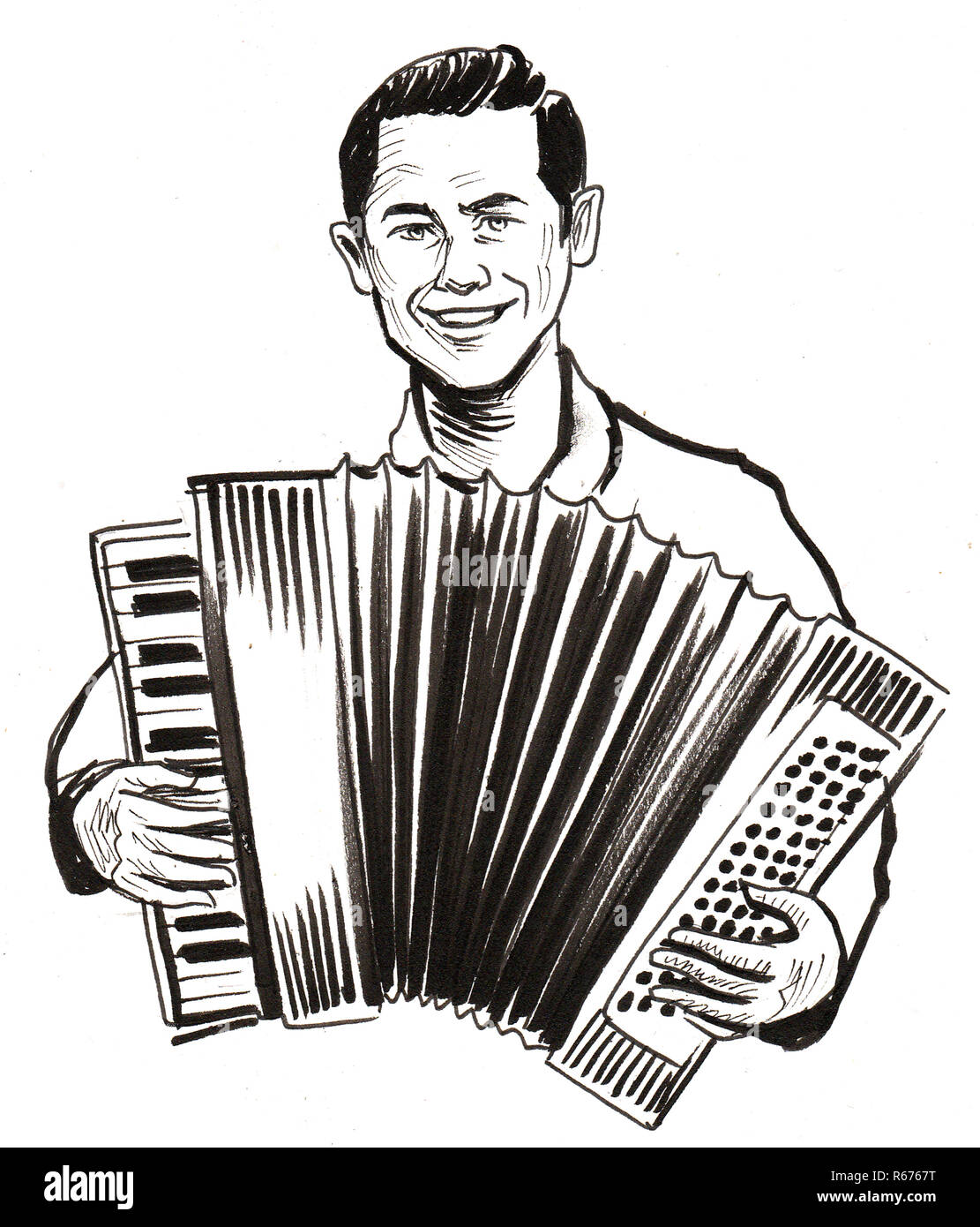 Happy smiling musician playing an accordion musical instrument. Ink ...