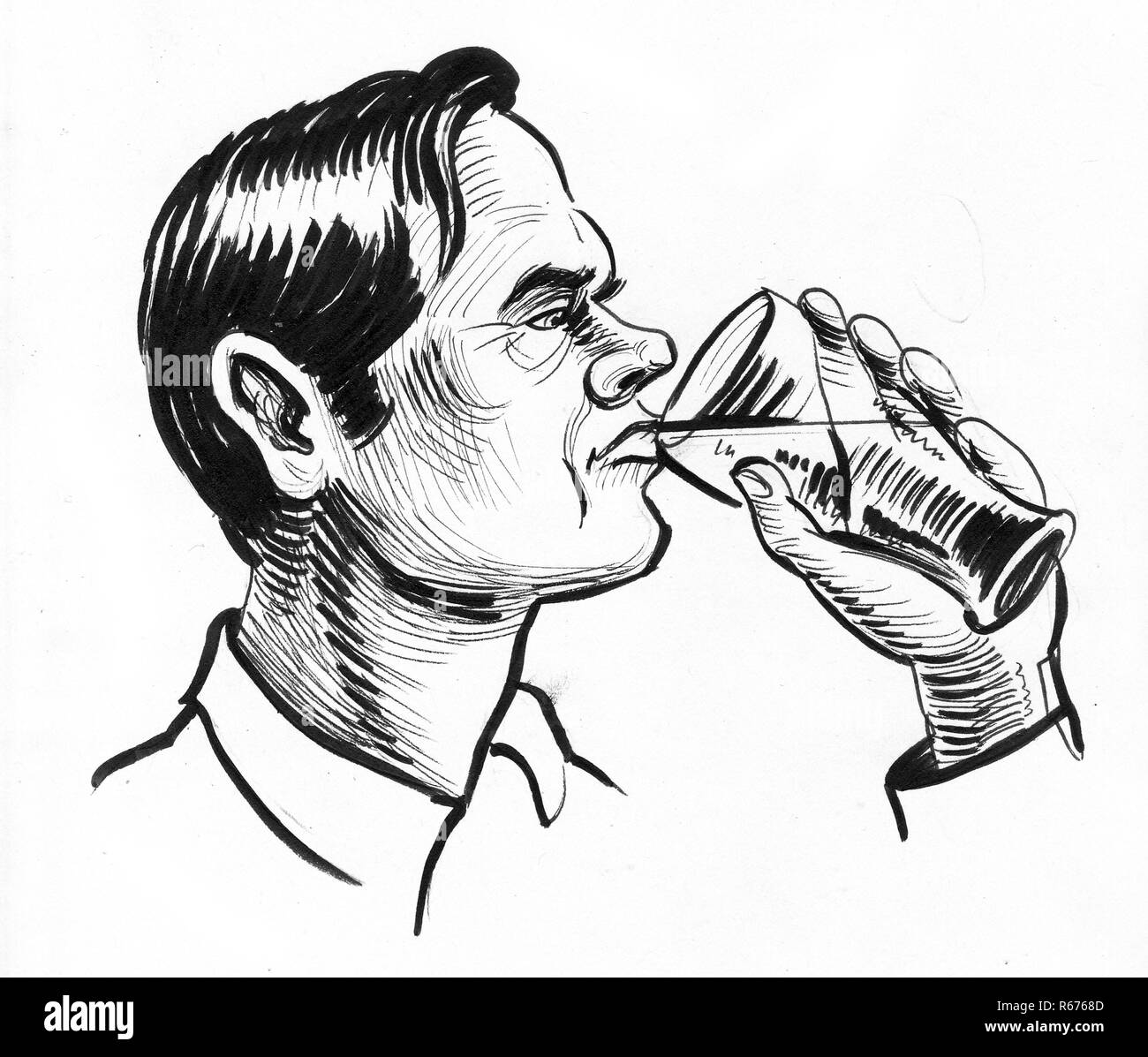 Drunkard with a glass of beer. Ink black and white sketch Stock Photo ...