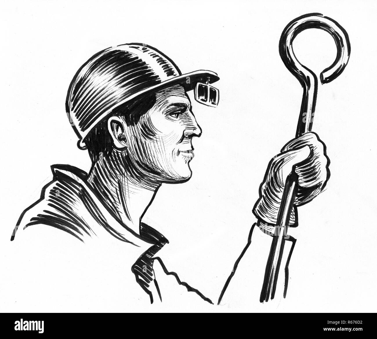 Steel worker character in helmet. Ink black and white drawing Stock ...