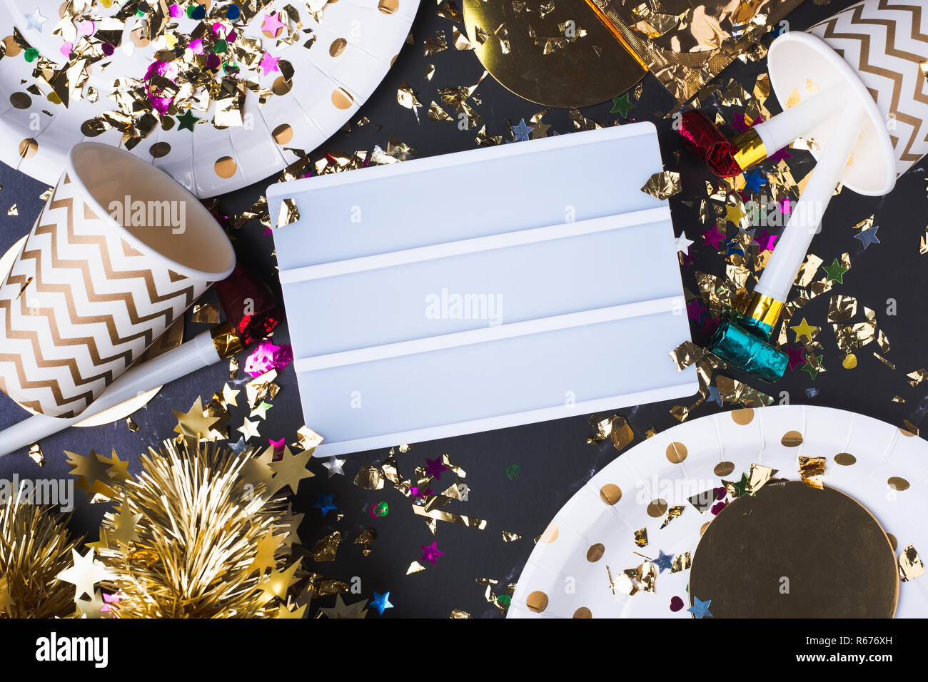 Empty light box with party cup,party blower,tinsel,confetti.Fun ...