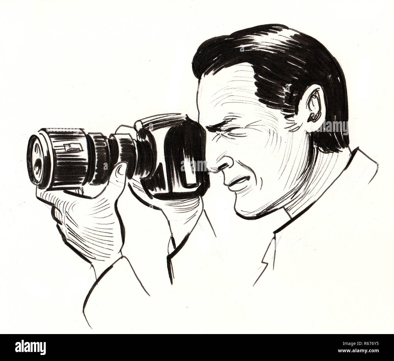 Photographer with a big professional camera. Ink black and white ...