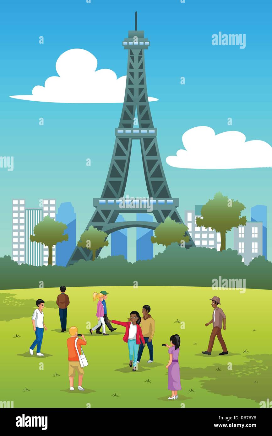 A vector illustration of Tourists in Eiffel Tower France Stock Vector ...