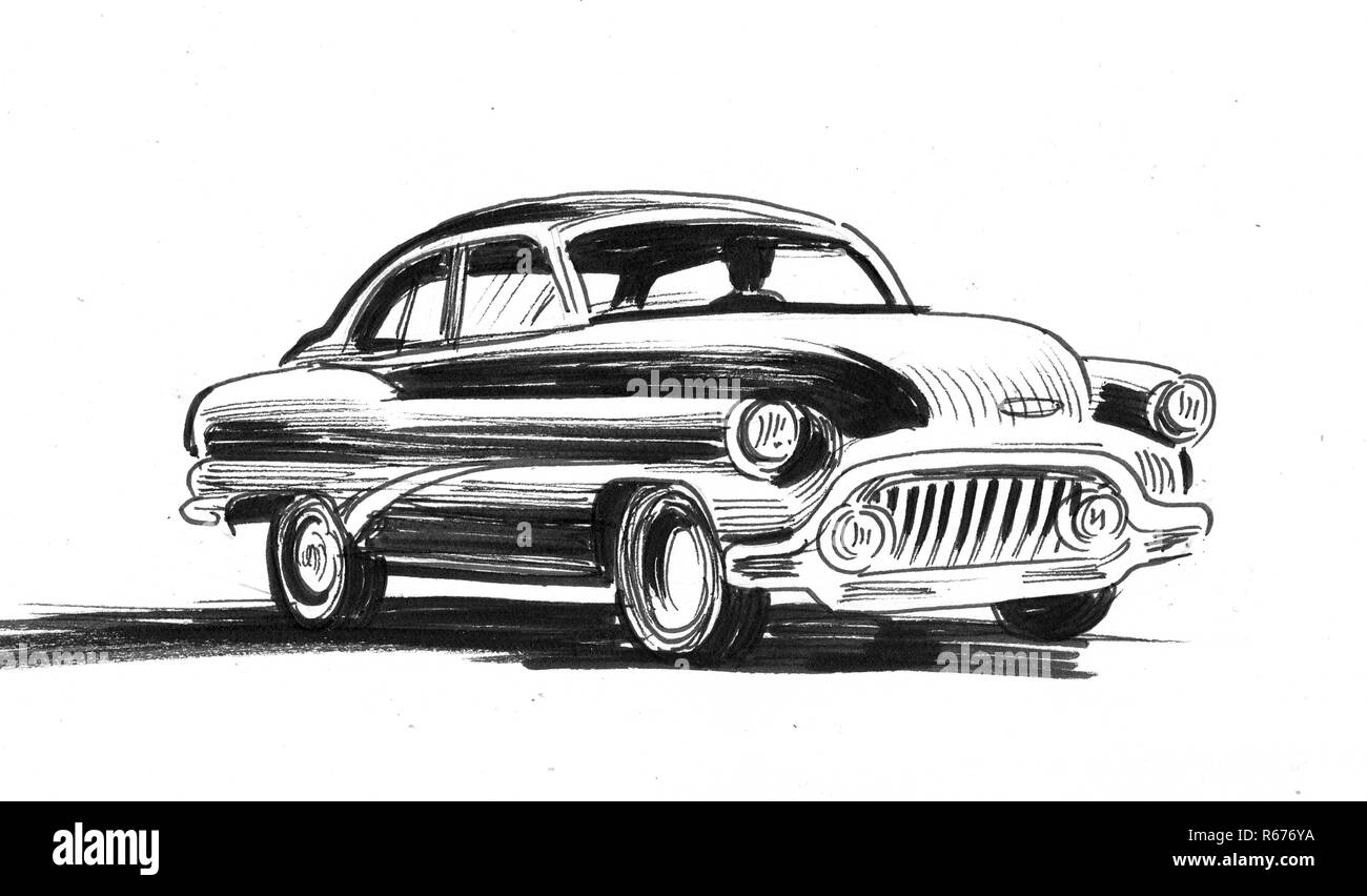 Vintage American car. Ink black and white illustration Stock Photo - Alamy