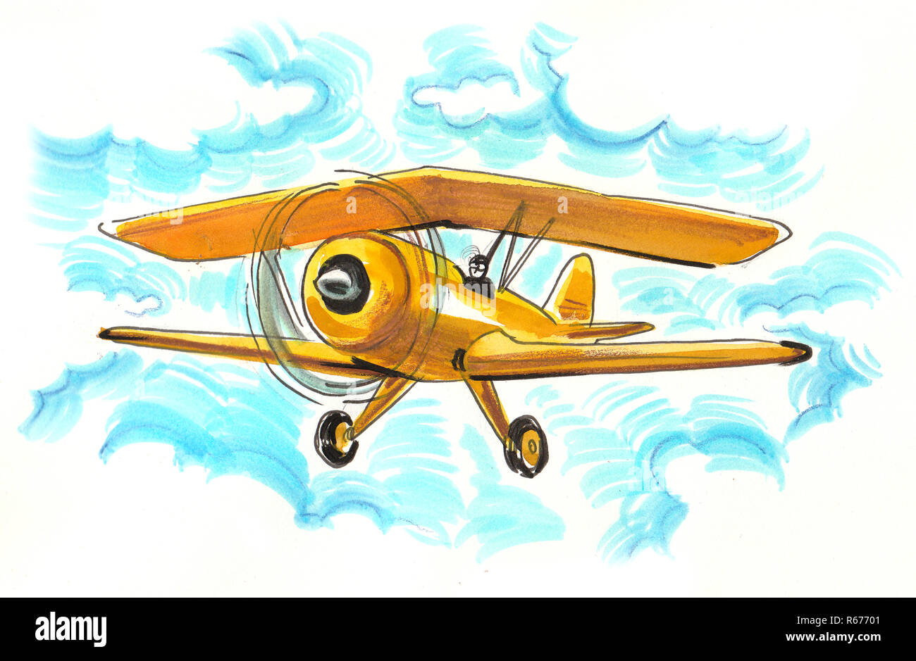 Yellow retro biplane in blue sky. Ink and watercolor sketch Stock Photo ...
