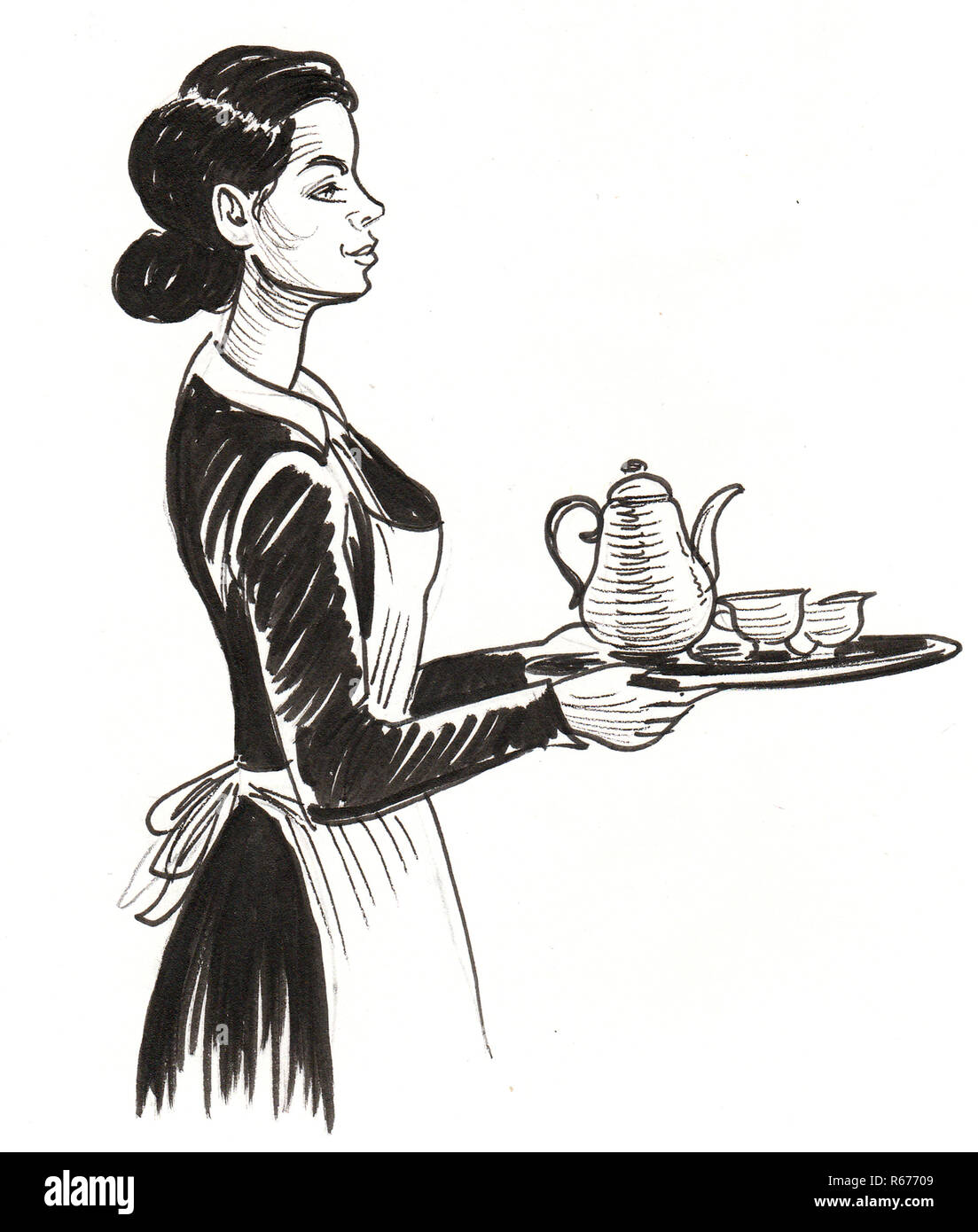 Female servant. Ink black and white drawing Stock Photo - Alamy