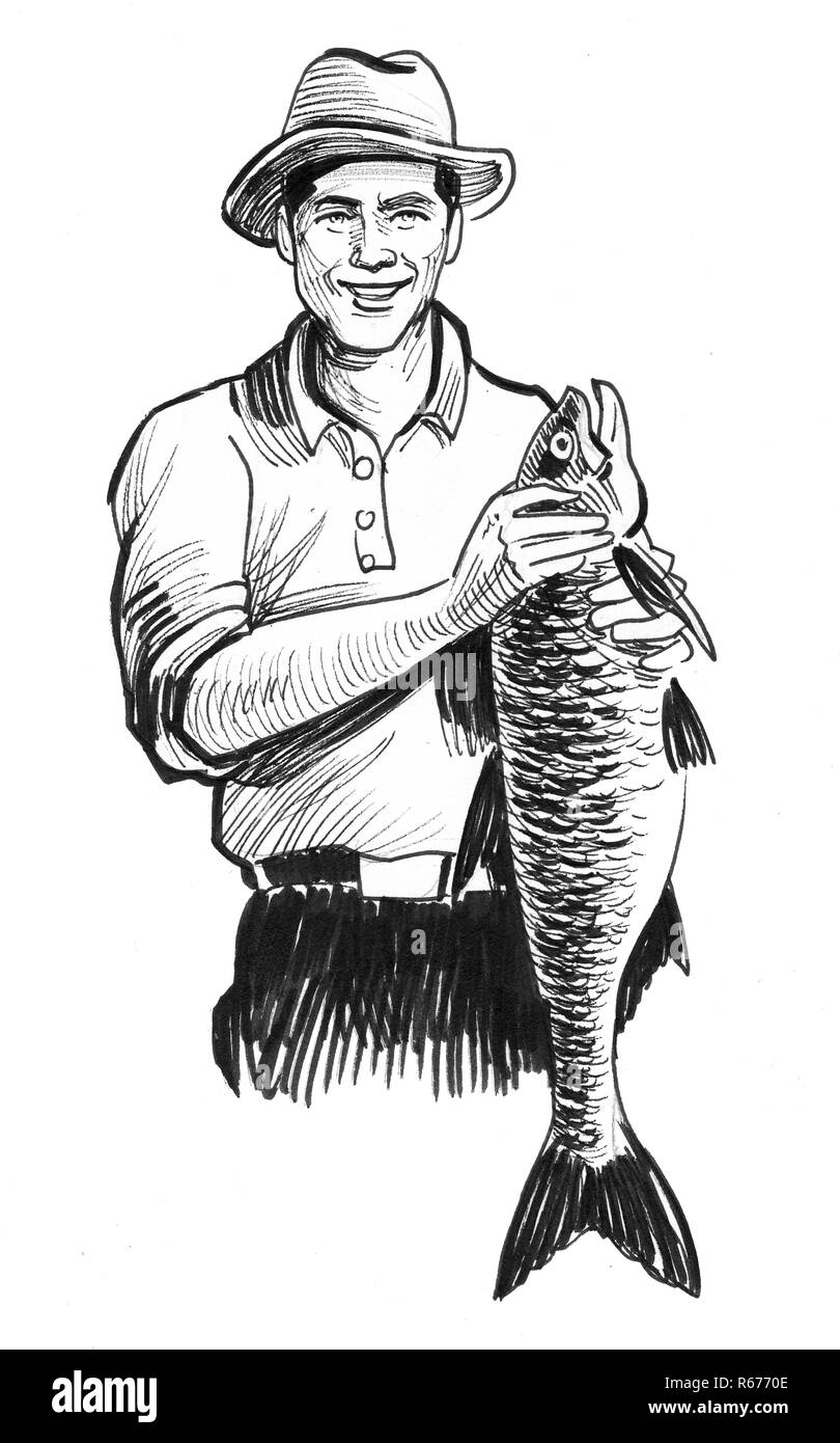 Fisherman with a caught fish. Ink black and white drawing Stock Photo ...