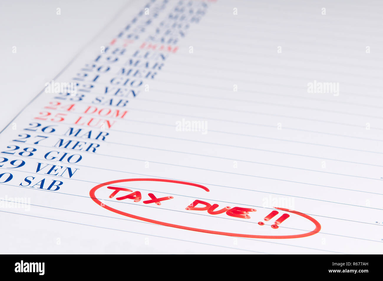 a calendar with the date on which the payment of the fees is due Stock ...